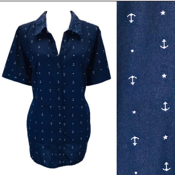 Laura Scott | Tops | Laura Scott Anchor Star Print Navy Button Up Top ...